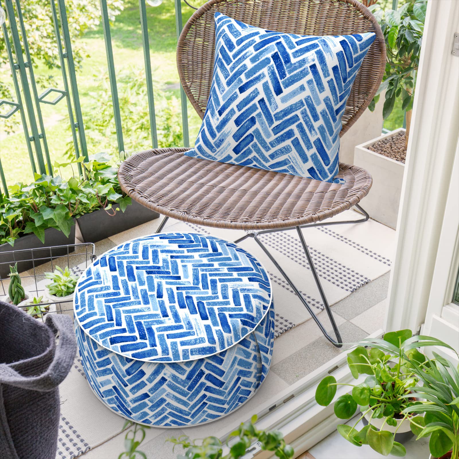 DYTXIII Inflatable Ottoman Stool D21 xH9 for Outdoor/Indoor Use, Water Repellent Patio Foot Rest Stool with Portable Handle,Round Pouf Ottoman Suitable for Garden,Deck and Camping - Blue Bricks