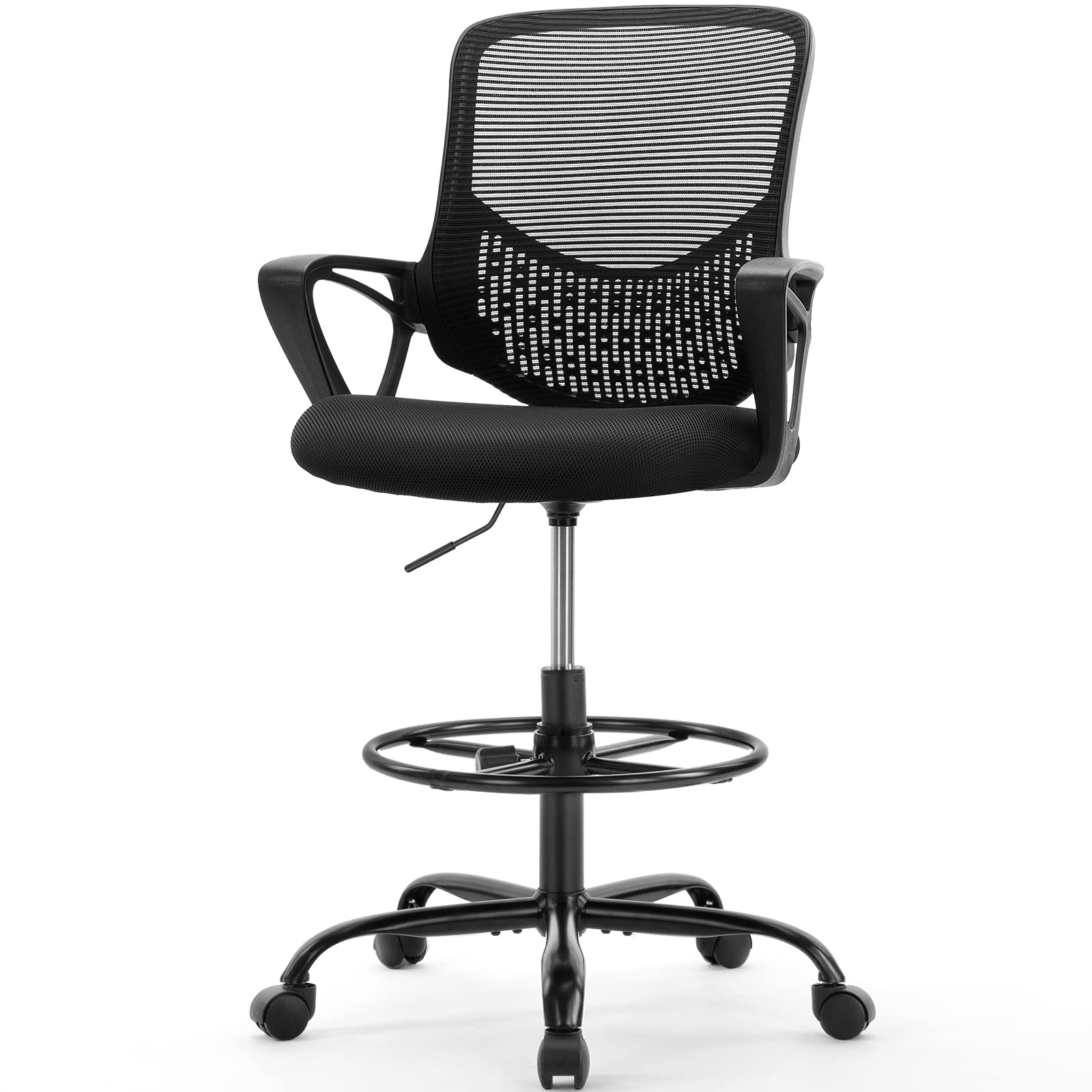 AFO Mid-Back Mesh Tall Drafting Stool Office Chairs with Armrest for Standing Desk Adjustable Foot Ring, Black