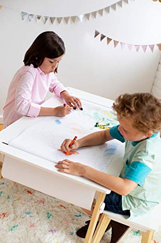 Wildkin Kids Arts and Crafts Table Set for Boys and Girls, Mid Century Modern Design Table Includes Two Stools, Paper and Storage Cubbies Underneath Helps Keep Art Supplies Organized (White)