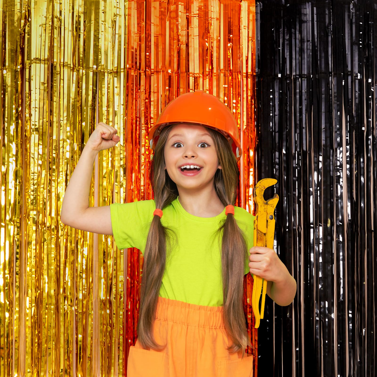 LOLStar 2 Pack Construction Foil Fringe Curtains, Construction Birthday Party Supplies, 3.3x6.6 ft Yellow Orange and Black Tinsel Photo Booth Prop, Streamer Backdrop for Construction Party Decoration