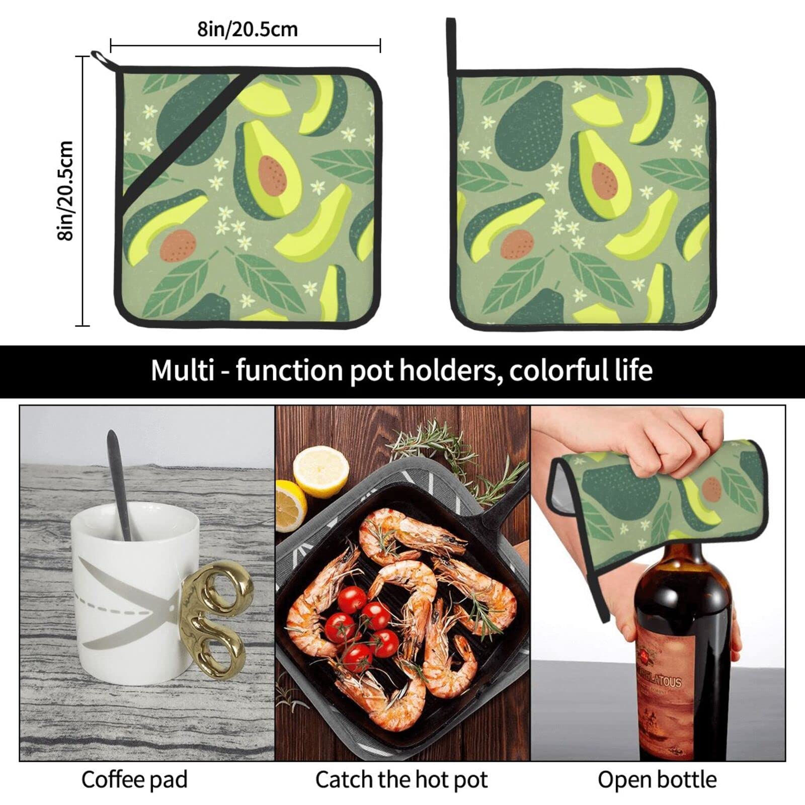 Avocado Leaves Flowers Pattern Pot Holders Set Heat Resistant Non Slip Oven Hot Pads with Hand Pockets and Hanging Loops for Kitchen Baking Cooking,Set of 2
