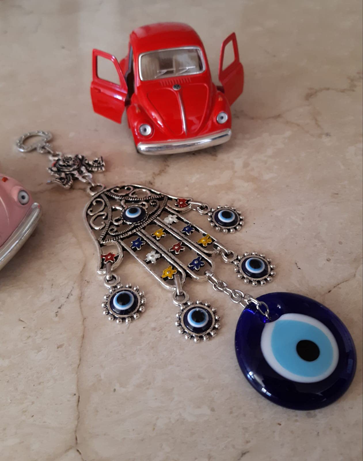 Designus Handmade Home Garden Decorative Blue Glass Metal Hamsa Hand Evil Eye Wall Amulet Hanging Macrame Ornament Craft