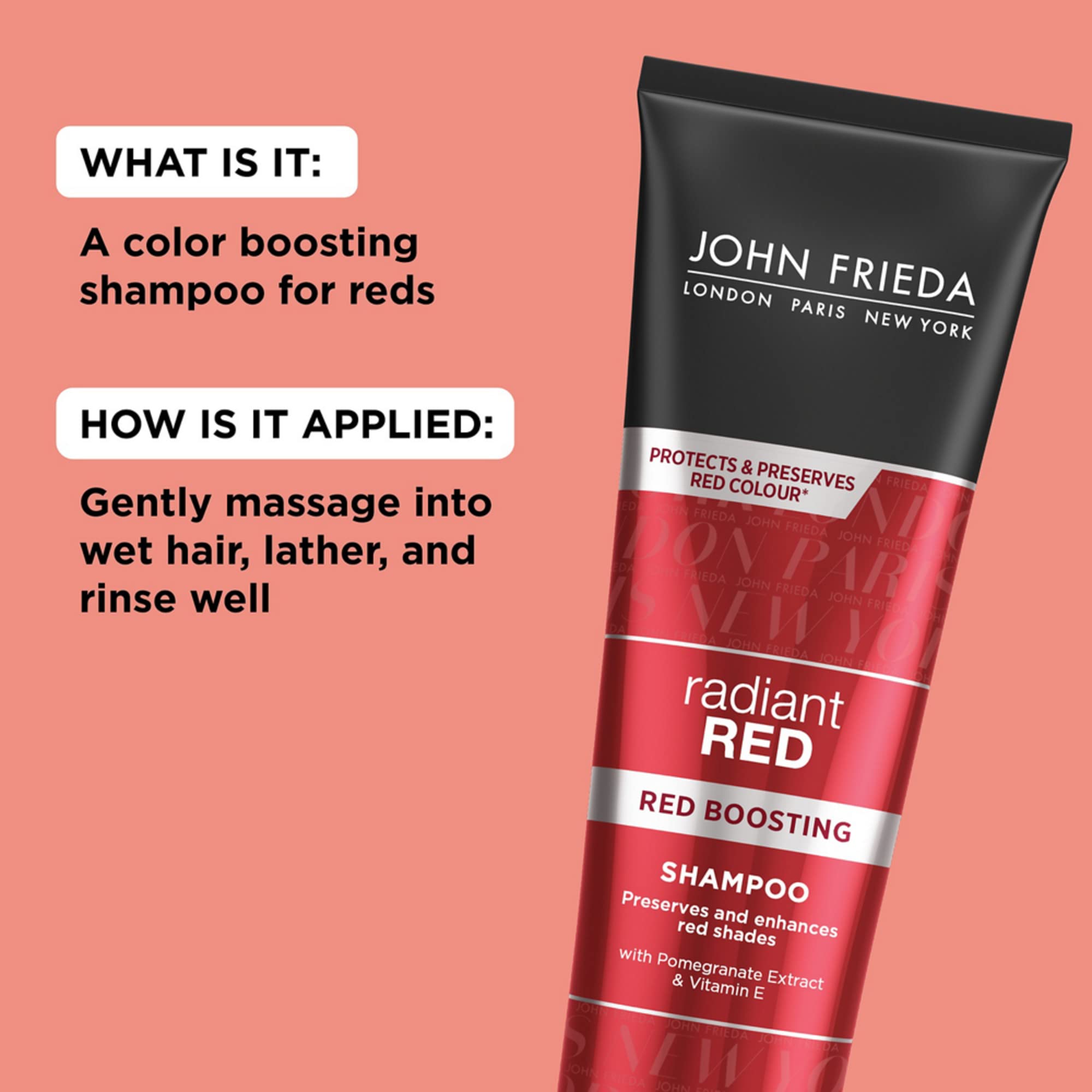 John Frieda Radiant Red Red Boosting Shampoo, Daily Shampoo, Helps Enhance Red Hair Shades, 8.3 Ounce, with Pomegranate and Vitamin E