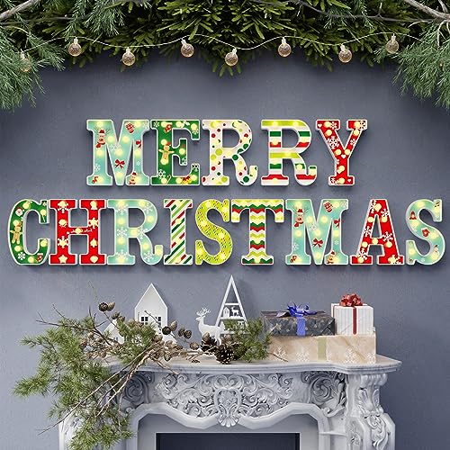 Christmas Decorations - 14 LED Letters Christmas Lights 'MERRY CHRISTMAS' for Christmas Decorations Indoor Home Decor, Surface UV Printing Snowflakes, Christmas Trees, Elk, etc, Warm White