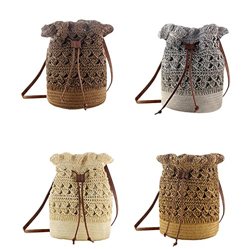 Abuyall Women Straw Bucket Bag Hobo Shoulder Handbag Drawstring Beach Tote Bag B