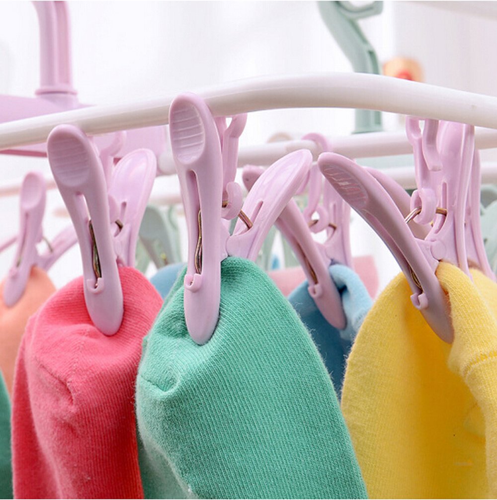 Inoutdoorkit Folding Travel Clip & Drip Hangers, Portable Plastic Clothes Underwear Socks Laundry Drying Hanger Rack With 12 Clips For Home Or Outdoor FPH12 (Light Purple)