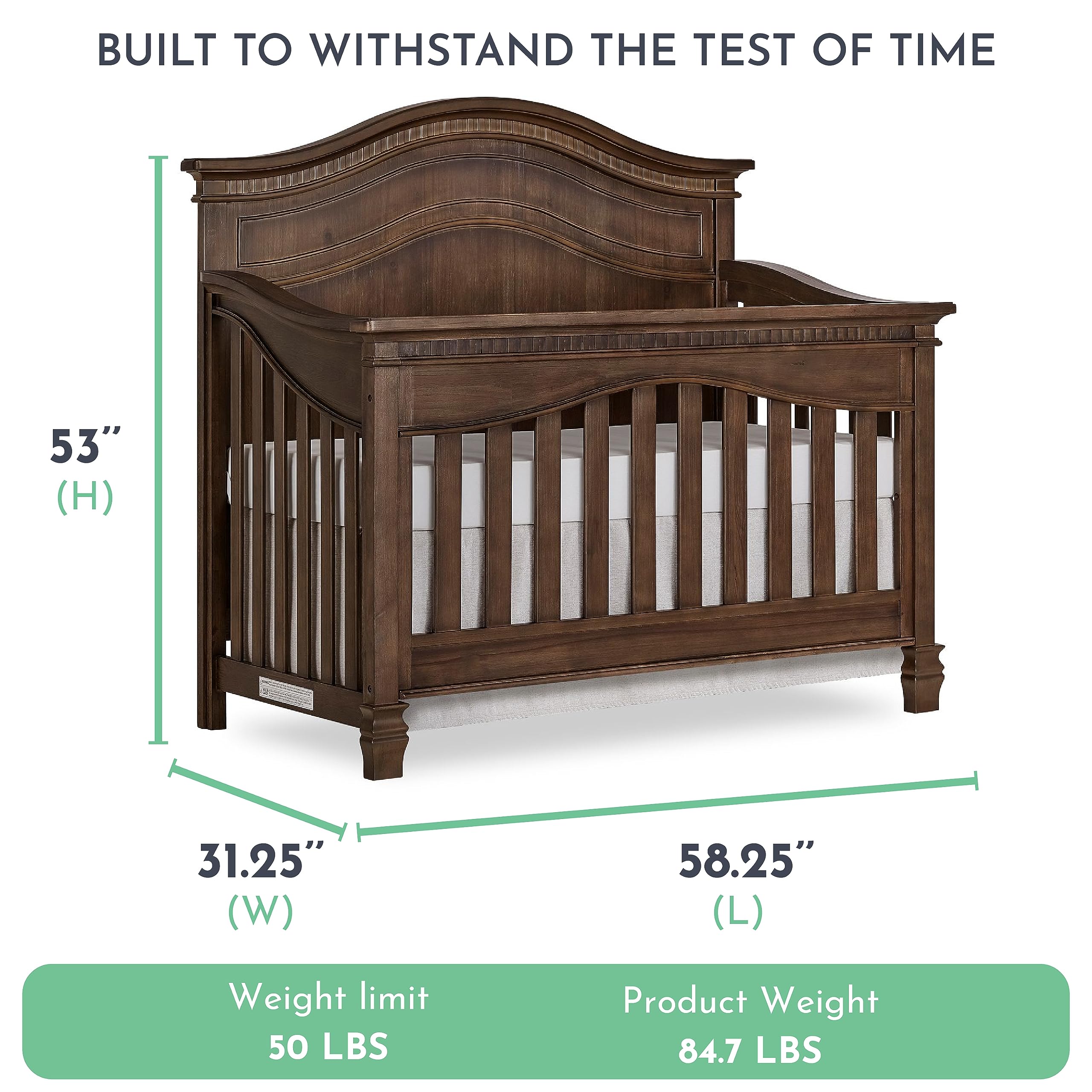 Evolur Cheyenne 5-in-1 Full Panel Convertible Crib in Antique Brown, Greenguard Gold Certified