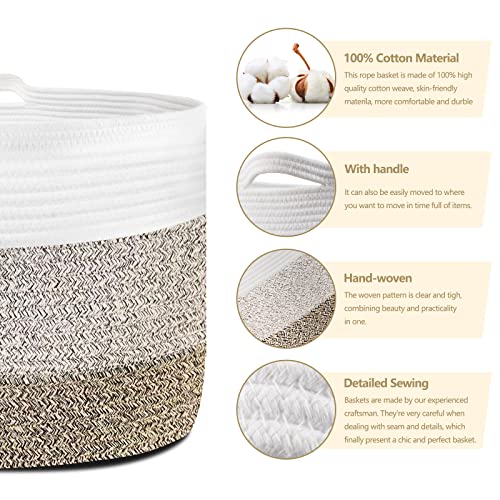 Large Woven Cotton Rope Basket - 22" x22"x 14", Baby Laundry Basket, Blanket Basket, Storage Baskets, Home Organizing Bins and Nursery Decor with Handle for Blankets, Toys, Clothes(White & Brown)