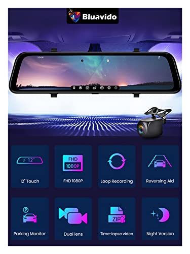 Action Camera Stabilizer 12 Inch Dash Cam Car Rearview Mirror Front 2K 2560x1440P Video Recorder Parking Monitoring Night Version Back HD1080P DVR Camera for Outdoor Video Recording