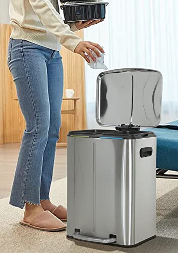 BIQWBIC 10 Gallon Dual Trash Can for Recycling and Trash, Stainless Steel Recycle Trash Can with 2 x 5 Gallon (40 L) Removable Inner Buckets, Pedal Recycling Bin for Kitchen, Soft Closure