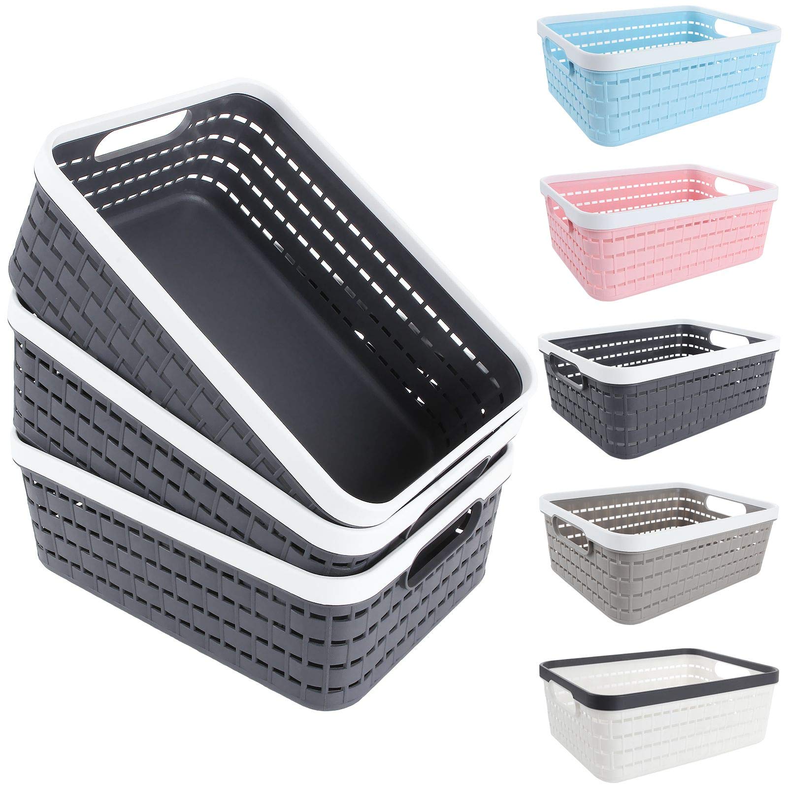 CertBuy 3 Pack Plastic Storage Baskets 11.3 x 8.7 x 4.3 Inch, Small Weave Storage Bins with Handle for Cabinet, Shelf, Kitchen, Bedroom, Bathroom and office – Dark Grey