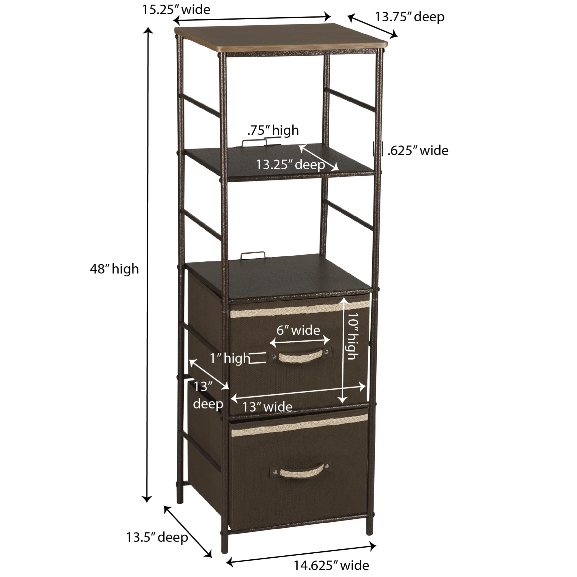 Household Essentials 2-Tier Storage Chest of Drawers Bronze Frame Wood Grain Top and 4 Brown Storage Bins with Natural Jute Trim