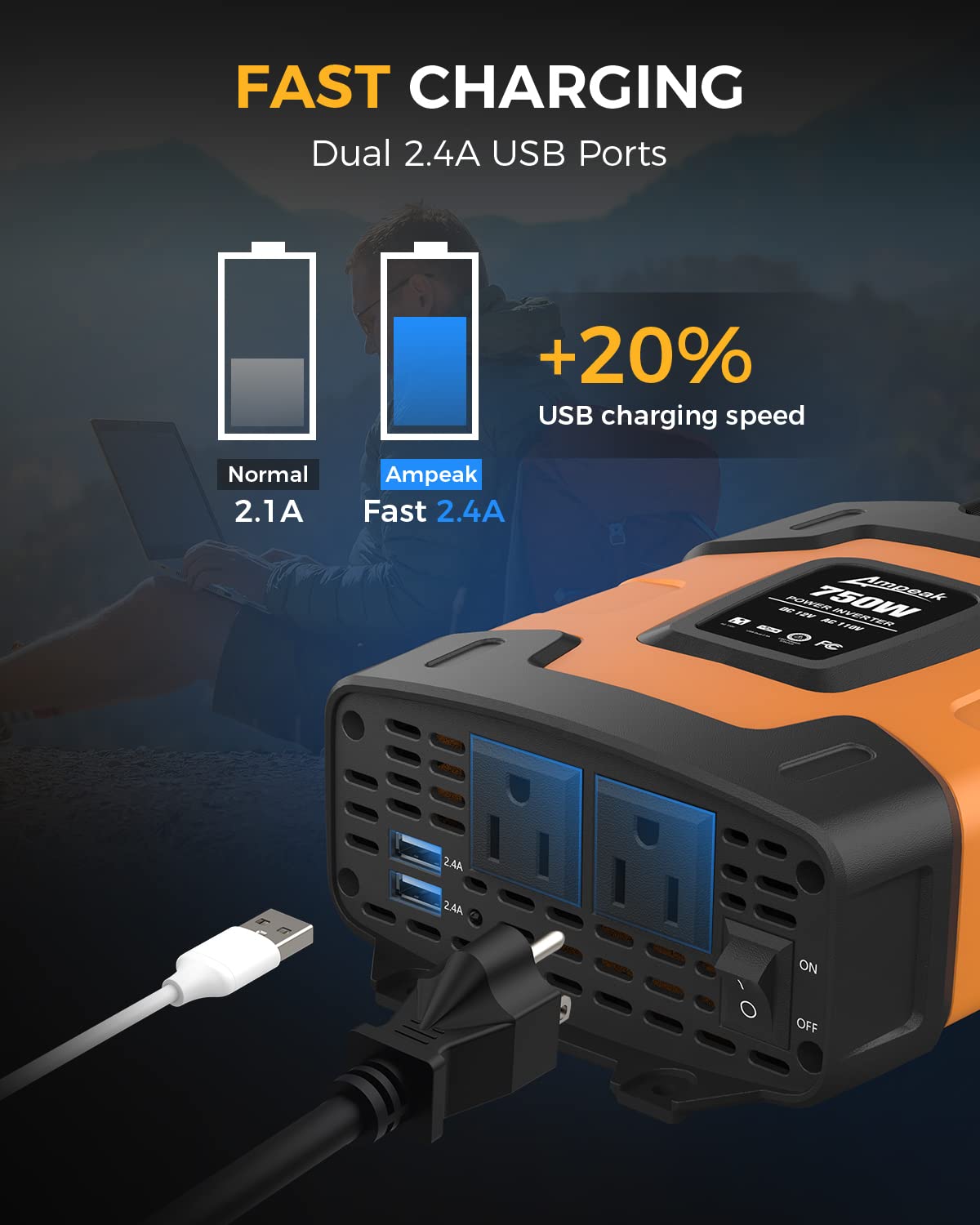 Ampeak 750W Power Inverter 4.8A Dual USB Ports 2 AC Outlets Car Inverter DC 12V to AC 110V 11 Protections for Devices