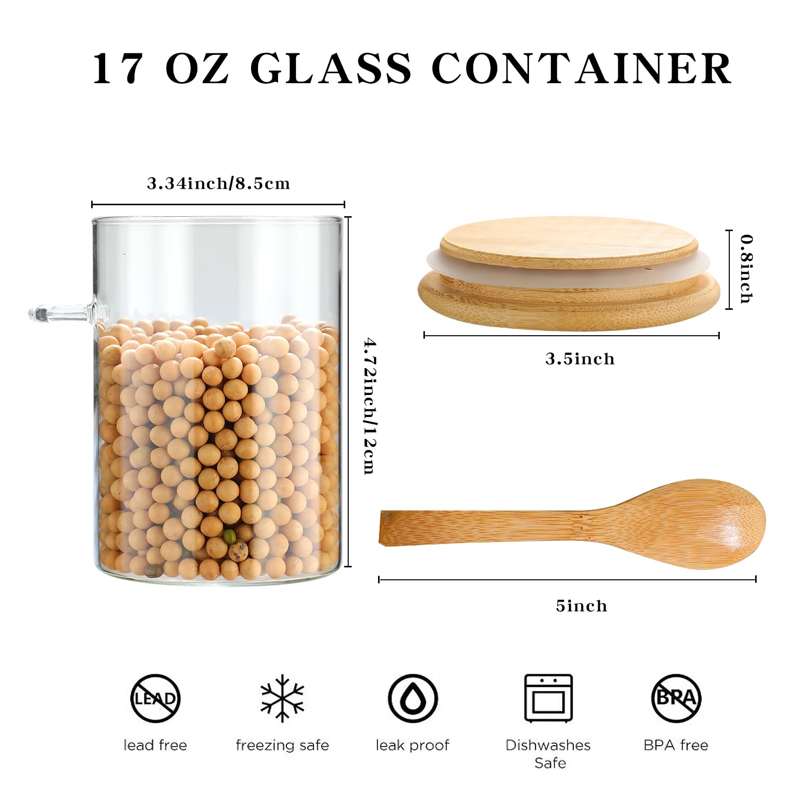 Recceng 4 Pack Overnight Oats Glass Containers with Lids and Spoons, 17 OZ Glass Jars with Spoons and Lids for Loose Tea, Meal Prep Jars with Bamboo Lids for Chia Pudding, Yogurt