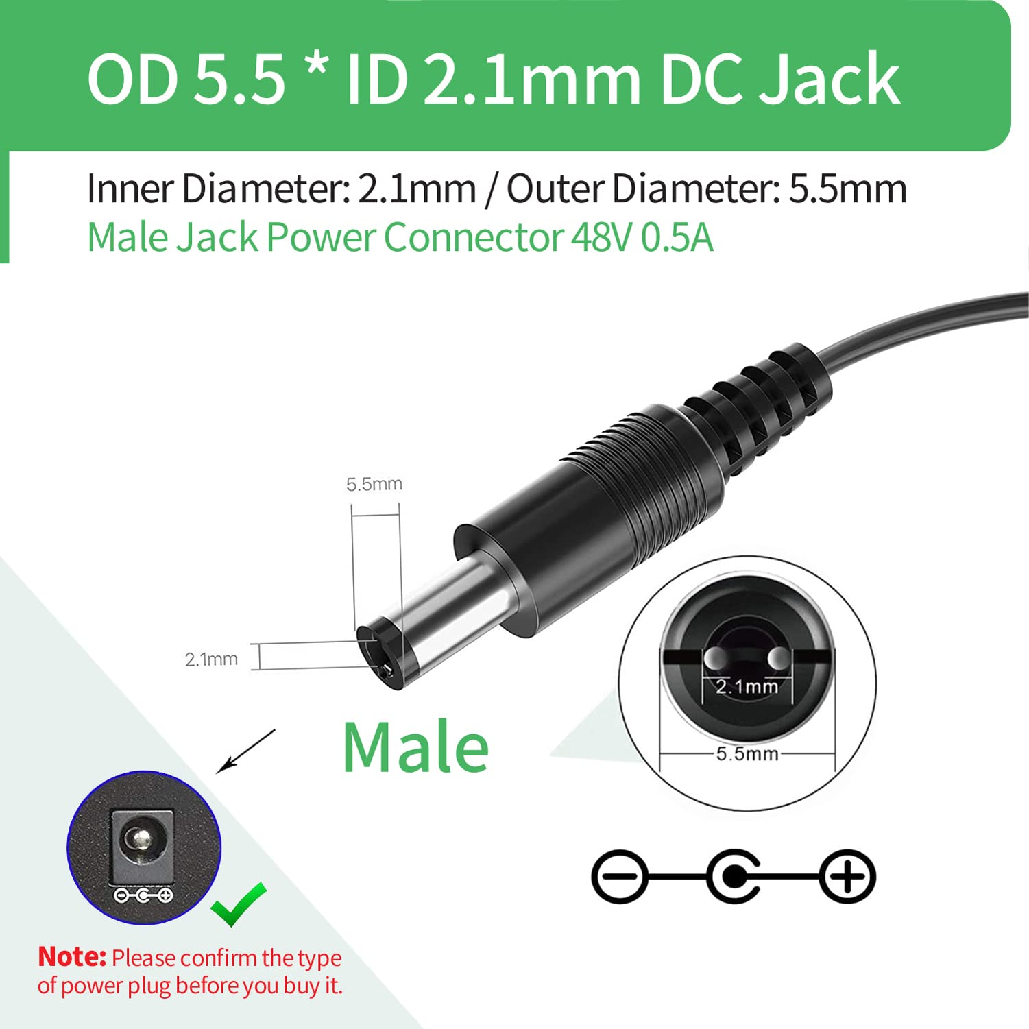 Security-01 DC 48V 0.5A Power Supply Adapter 5.5mm x 2.1mm, UL Listed,2-Pack