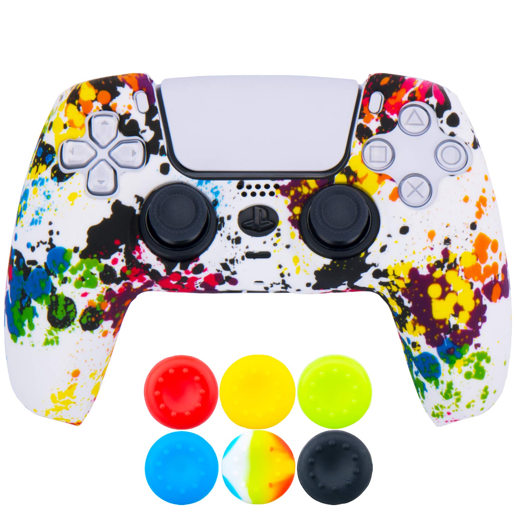 9CDeer 1 Piece of Silicone Transfer Print Protective Thick Cover Skin + 6 Thumb Grips for PlayStation 5 / PS5 Controller Graffiti