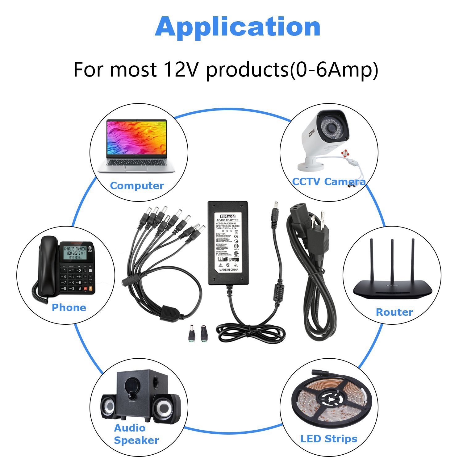 EWETON Power Adapter 12V 6A 72W 3-Pin Plug 100V-240V AC to DC 2.1x5.5mm w/ 8-Way Power Splitter Cable & DC Power Jack Connector Power Supply for CCTV Security Camera DVR, LED Strip Lights