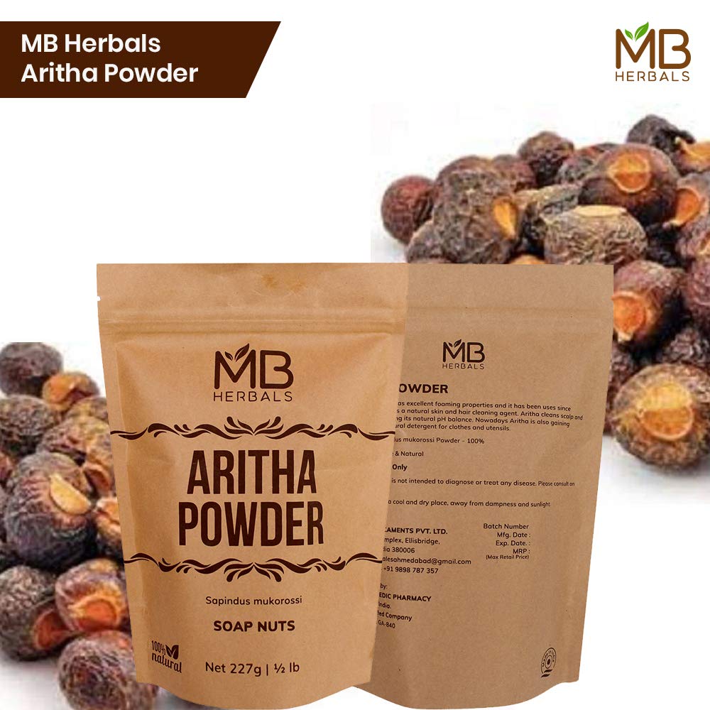 MB Herbals Aritha Powder 8 oz | 227G | 100% Pure & Organically Grown (Wild-crafted) Soap Nut Powder | Natural Hair Shampoo & Conditioner | Sapindus mukorossi