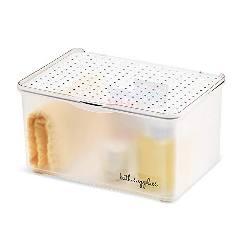 madesmart Medium Stacking Lid Storage Bin for Bathroom Organization, Plastic Bathroom Storage Bin with Dry-Erase Space, Frost