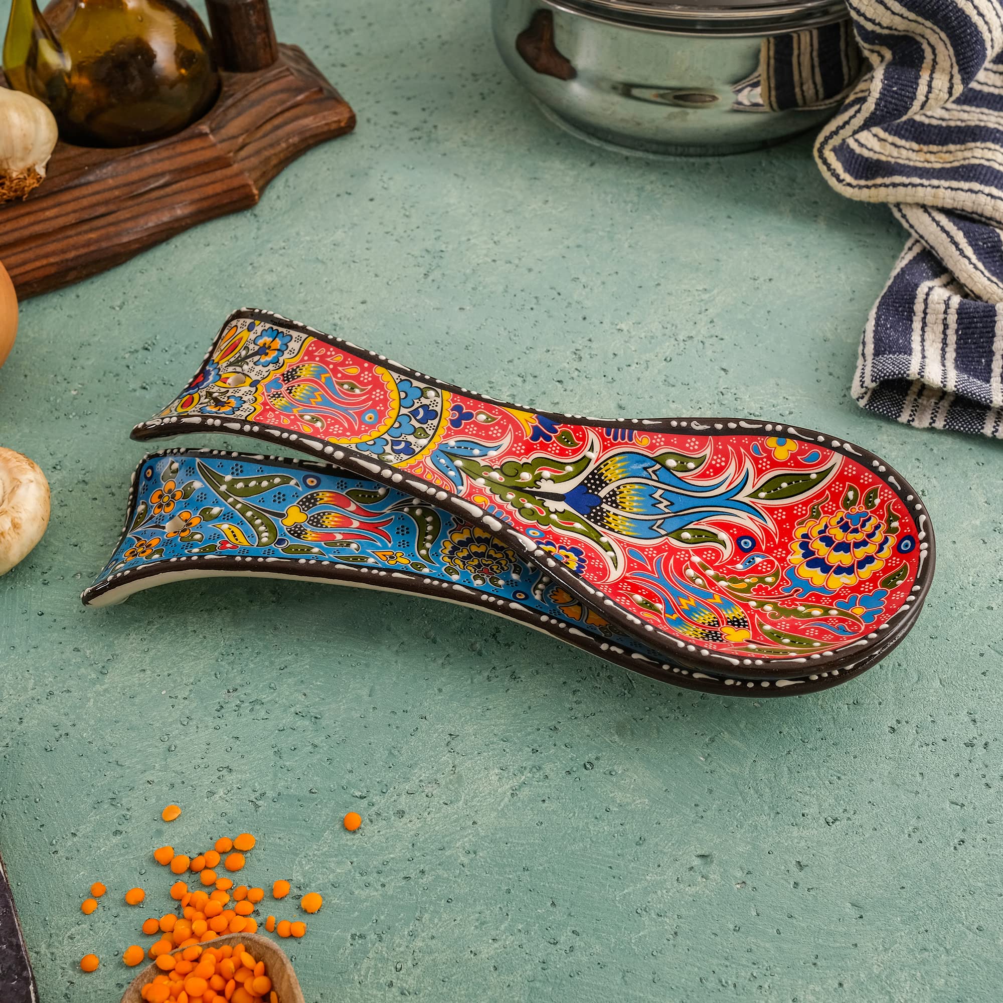 BCS Spoon Rest Set of 2 - Ceramic Spoon Holder for Stovetop & Kitchen Counter - Dishwasher Safe Handmade Kitchen Utensil (Blue-Red 3.5β W x 9" L)