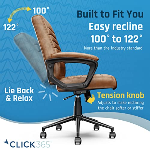 Click365 Transform 3.0 Extra Comfort Ergonomic Mid Back Channel Stitching Desk Chair, with Padded armrests, Adjustable-Height, Tilt, Lumbar Support, 360-Degree Swivel, Bonded Leather, Cognac