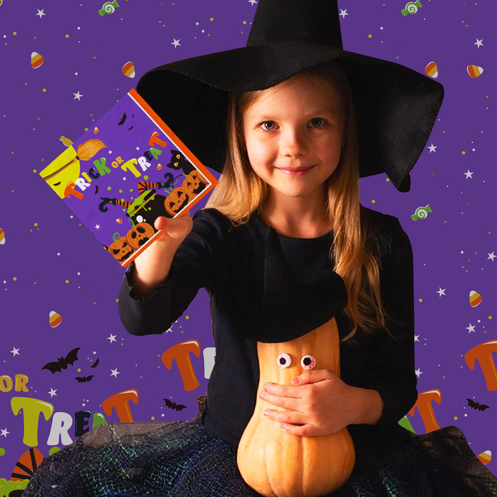Halloween Party Supplies Kit Serve 50,Halloween Witch Pumpkin Design Includes Disposable Dinner Plates, Dessert Plates and Napkins, Halloween Birthday Party Decorations