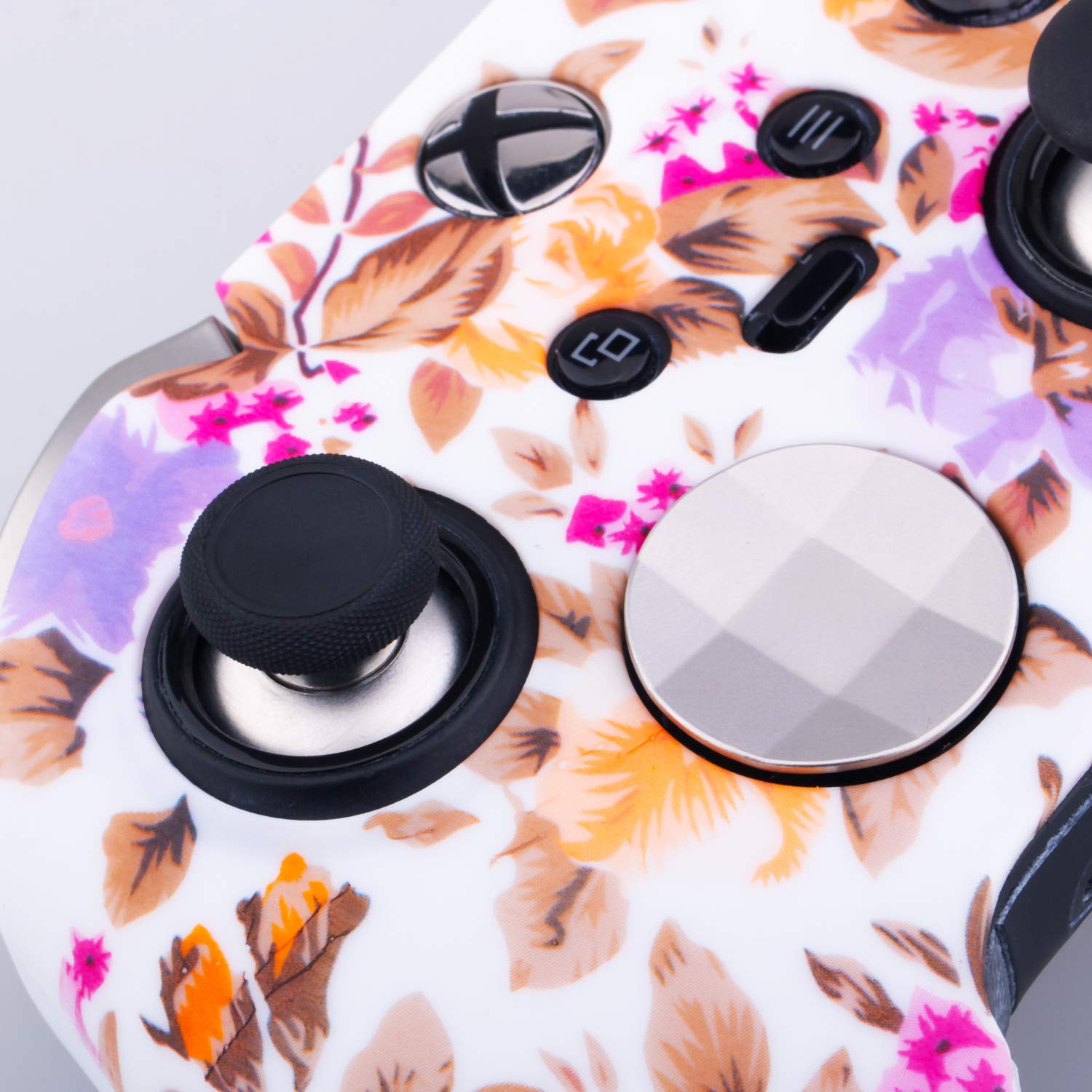 9CDeer 1 x Protective Customize Transfer Print Silicone Cover Skin Pink Flowers + 6 Thumb Grips Analog Caps for Xbox Elite Wireless Controller Compatible with Official Stereo Headset Adapter