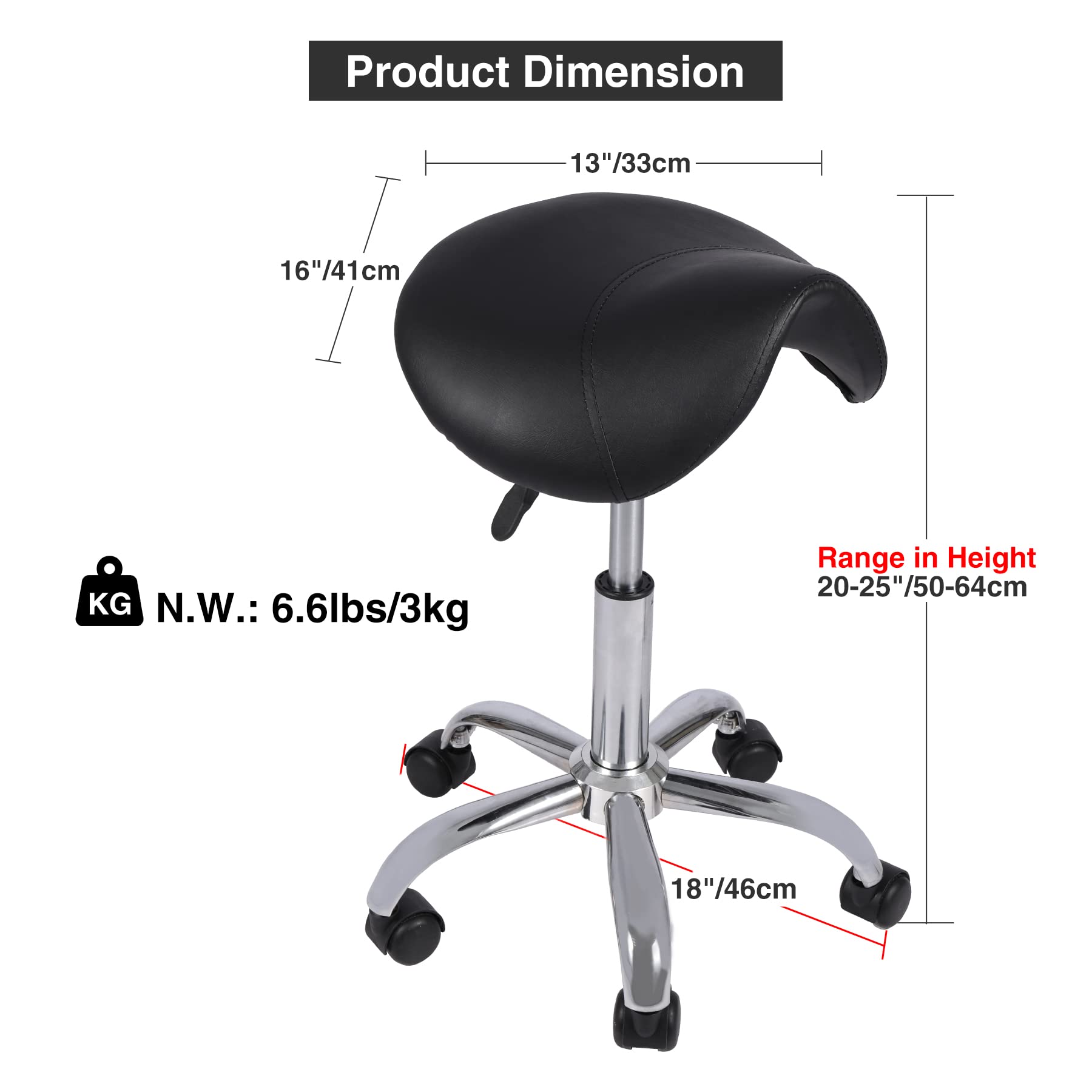 AKVOMBI Saddle Stool with Wheels, Ergonomic Saddle Chair with Wheels for Spa, Salon, Massage and Esthetician, Adjustable Hydraulic Seat, Black