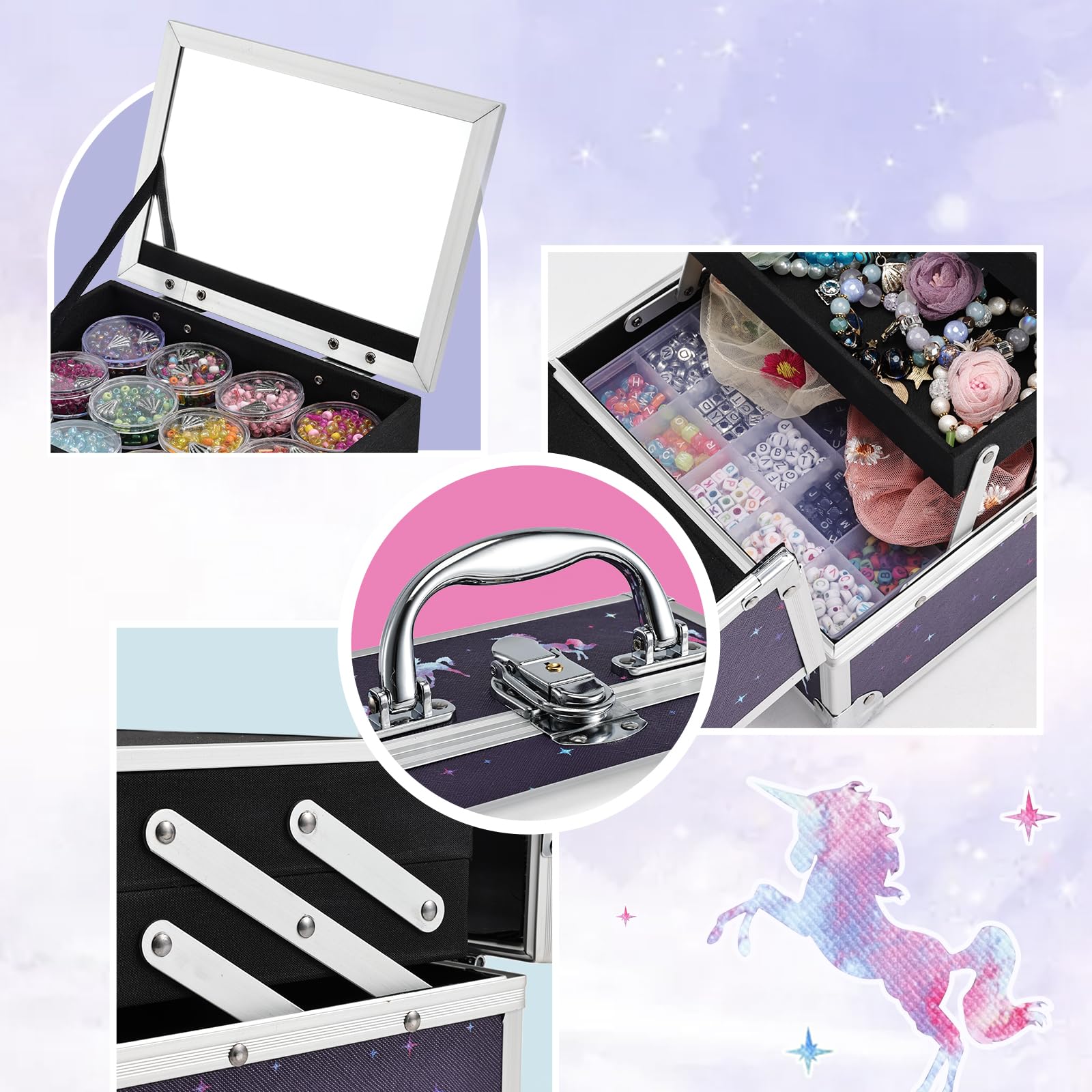 Joligrace Makeup Case for Girls Cosmetic Train Case Makeup Storage Box Jewelry Organizer Hair Accessories Lockable with Trays & Mirror Kids Gift Unicorn