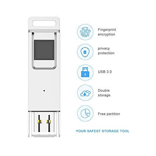 KOOTION 64GB High Speed Recognition Fingerprint Encrypted Flash Drive USB3.0 Drive Memory Stick, Silver