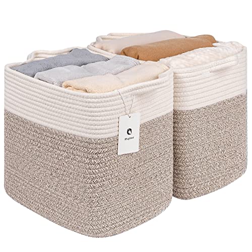 Laughbird Medium and Large Woven Basket//With Handle, Used for Toys and Fabric Storage Basket, used for Storing 15 "x10" x12 "xl Storage Box, Decorative Storage Box In Living Room and Bathroom (White/Brown 2 bags)