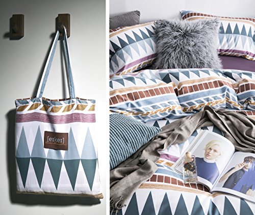 Bohemian Duvet Cover Striped Ethnic Boho Reversible Southwestern 400TC Cotton Bedding 3pc Set Navy White Orange Modern Geo Aztec Print (Teal Rust, King)