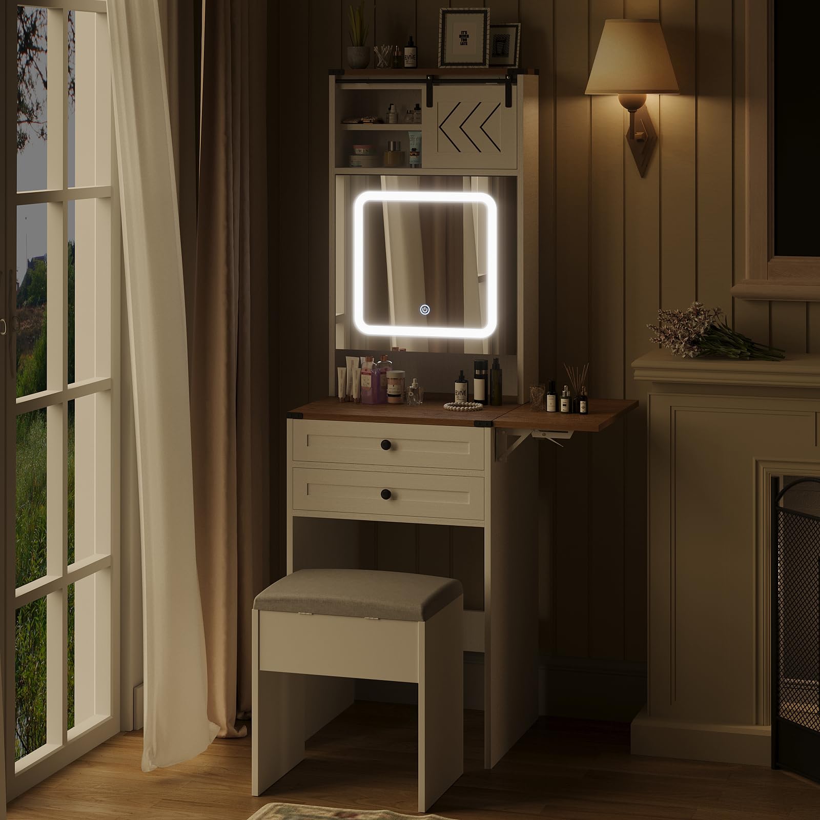 ARTETHYS Farmhouse Small Vanity Desk Set with Mirror Cabinet Compact Makeup Vanity Table with 3 Adjustable Lighted Mirror and Storage Chair for Small Space, White Dressing Table with Fold-up Panel