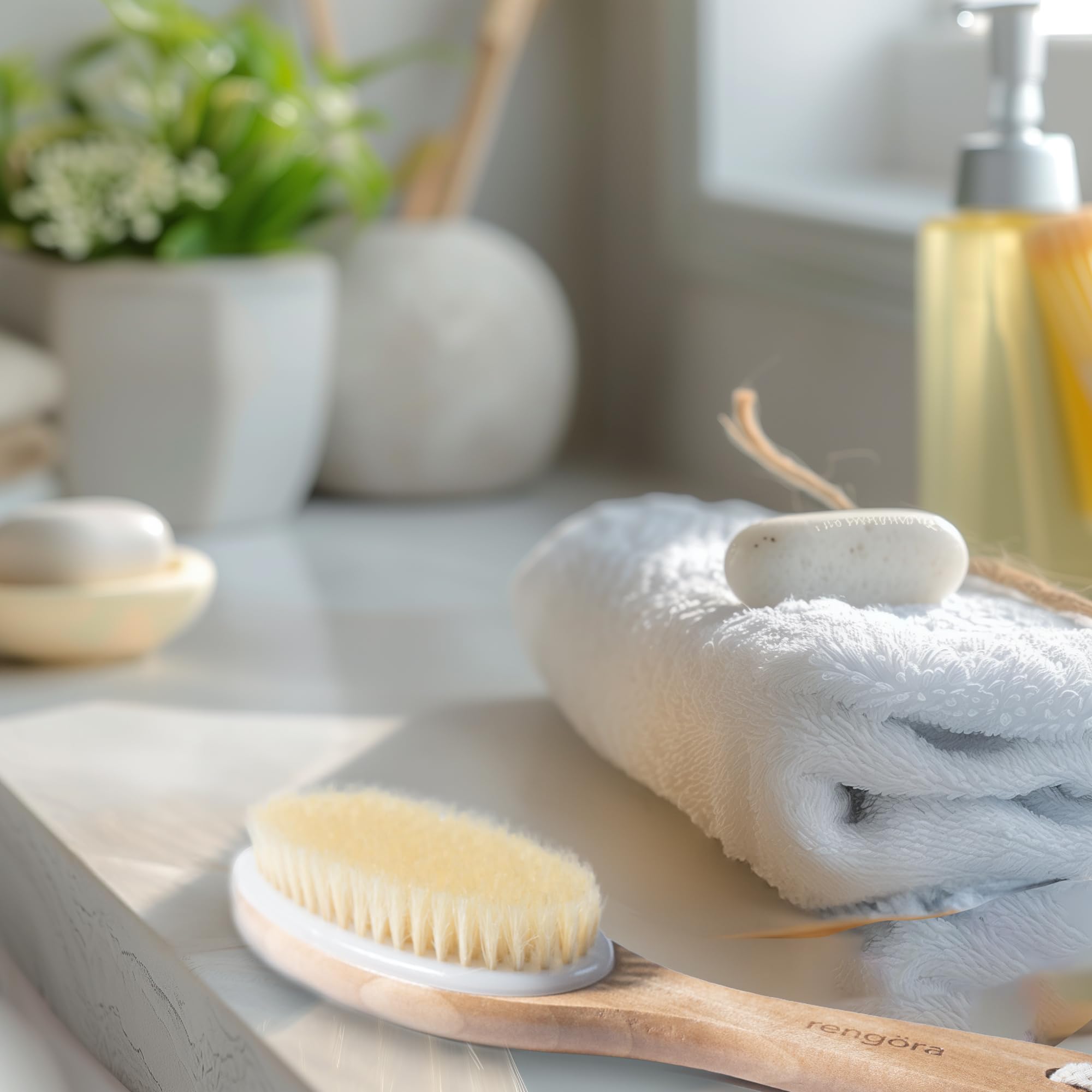 Exfoliating Back Scrubber for Shower, Dual-Use Body Scrubber for Wet/Dry Exfoliation, Dry Brushing Body Brush for Lymphatic Drainage, Natural Boar Bristles, Ergonomic Handle Cellulite Brush by rengöra