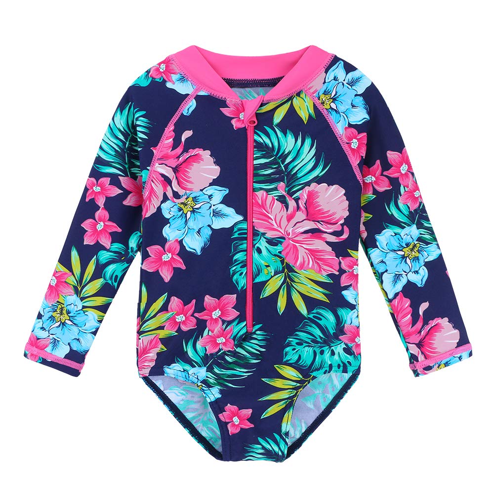 HUAANIUE Baby/Toddler Girl Swimsuit Rashguard Swimwear Long Sleeve One-Piece Navy Flower 0-6 Months