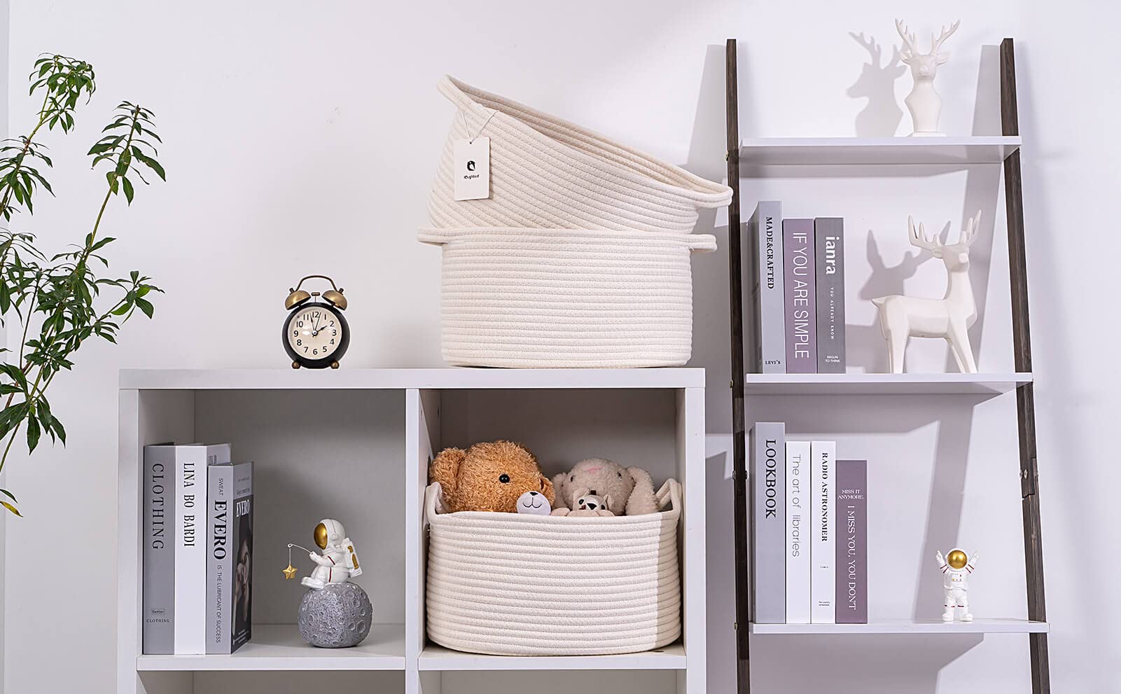 Laughbird Storage Box|Fabric Storage Basket Used to Organize The Shelf of Closet Shelf Baby Toys|Decorative Medium Woven Linen Closet Organizer, With Handle Cube (white, 3bags)