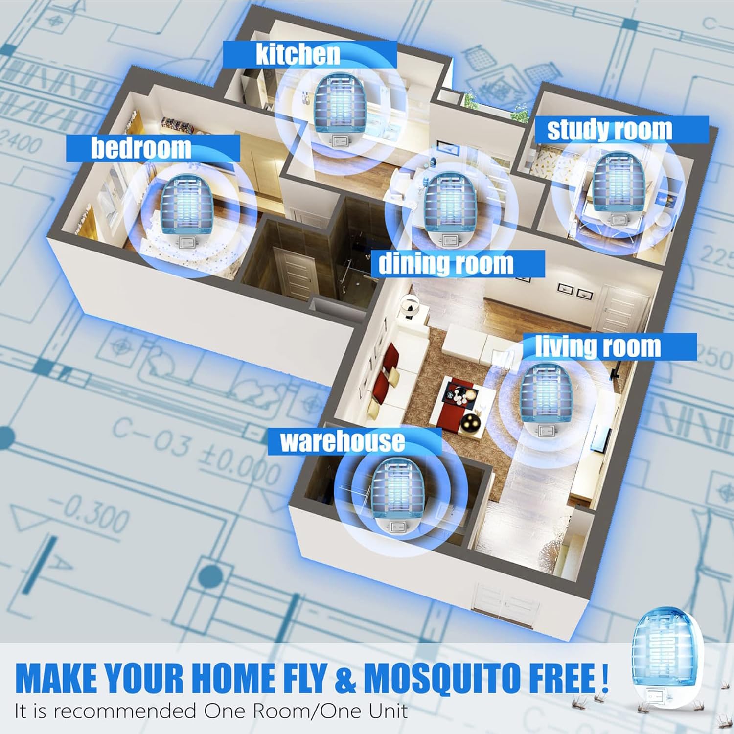 Fly Traps Indoor for Home PARSMIC Bug Zapper Mosquito Trap Electric Fly Swatter Racket Fly Zapper Updated Fly Killer – Light Blue, 6PCS