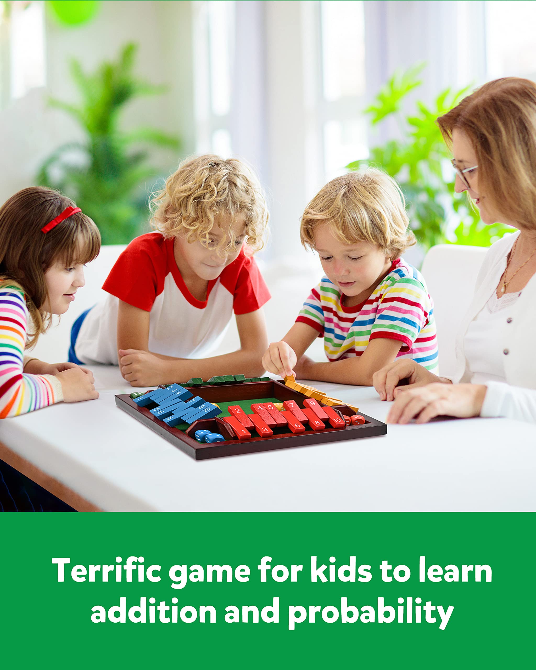 Coogam Shut The Box Dice Game Wooden Board Math Number Game Family Pub Bar 1-4 Players with 10 Colored Dice for Adults Kids