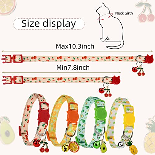 CooShou 4Pcs Breakaway Cat Collars with Bells Kitten Collar Breakaway Friut Plaid Collar with Pineapple, Cherry, Lemon, Avocado Adjustable Collars for Female Girl Cats Male Boy Cats