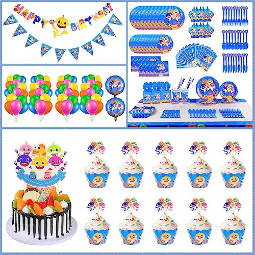 AOLDHYY 195 Pcs Shark Birthday Decorations, for 10 Guests, Shark Party Supplies, Including Birthday Banner, Blowing Dragon, Straw, Balloons, Tablecloth, Tableware, Gift Bag