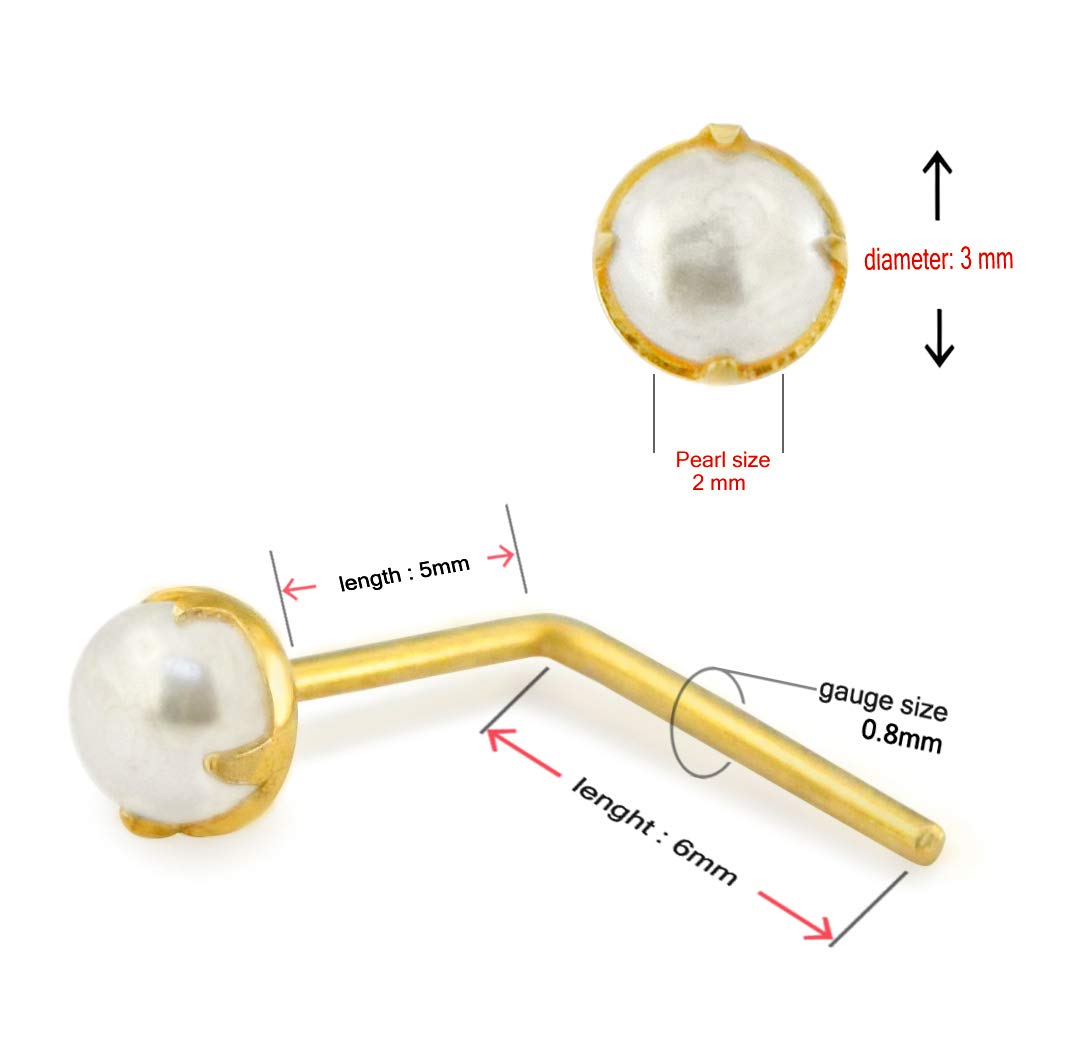 9K Solid Yellow Gold Claw Set 2MM Natural Pearl 22 Gauge L Bend Nose Stud Piercing Jewelry