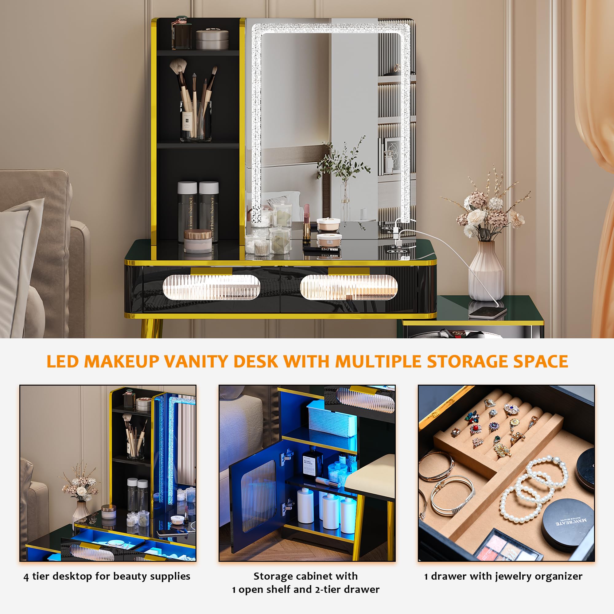 SKKTKT LED Vanity Desk, Retractable Makeup Vanity with Nightstand and Lighted Mirror, Black Makeup Vanity with Voice Control & Charging Station, Dressing Table Set with Jewelry Organizer