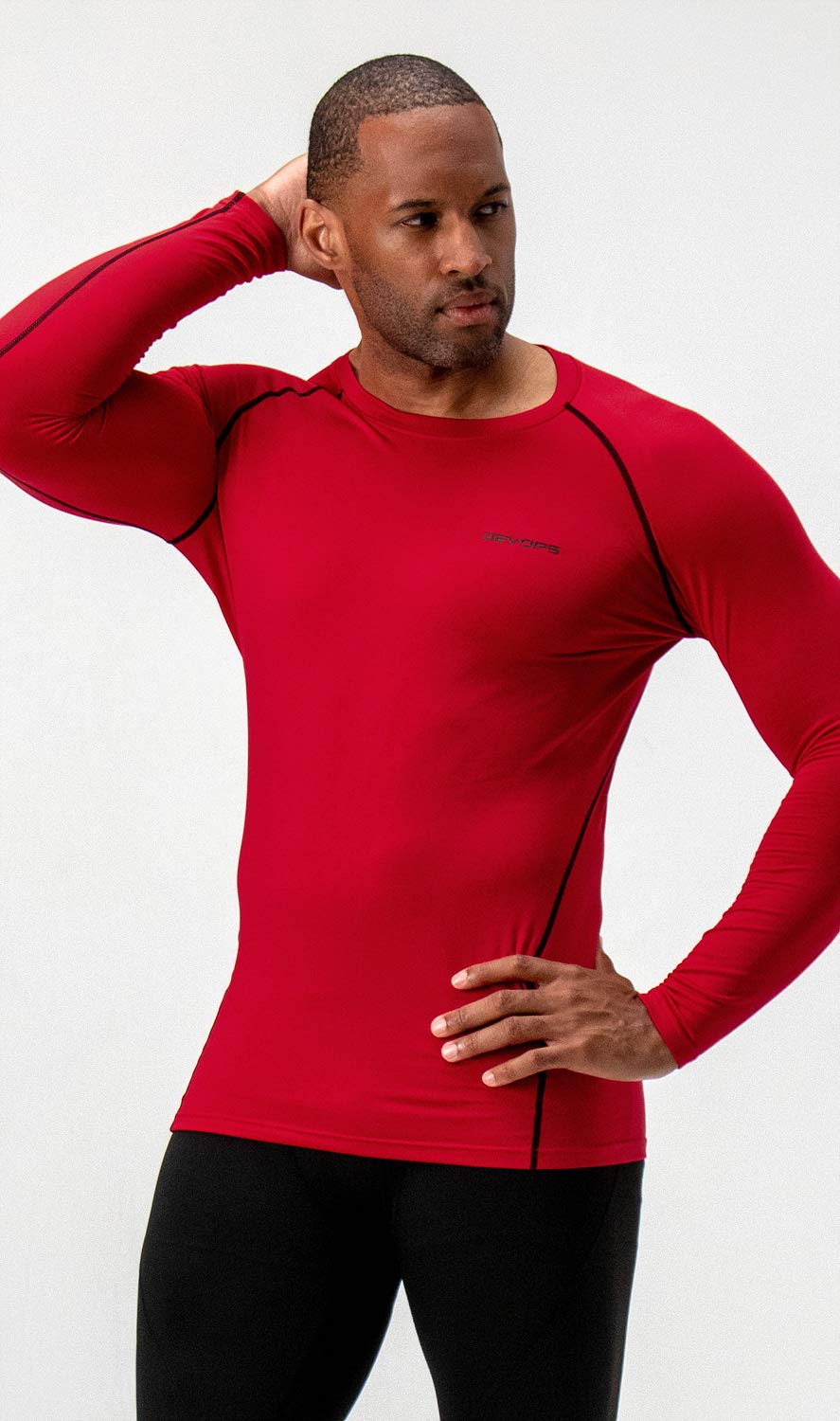 DEVOPS 2 Pack Men's Thermal Long Sleeve Compression Shirts (Large, Black/Red)
