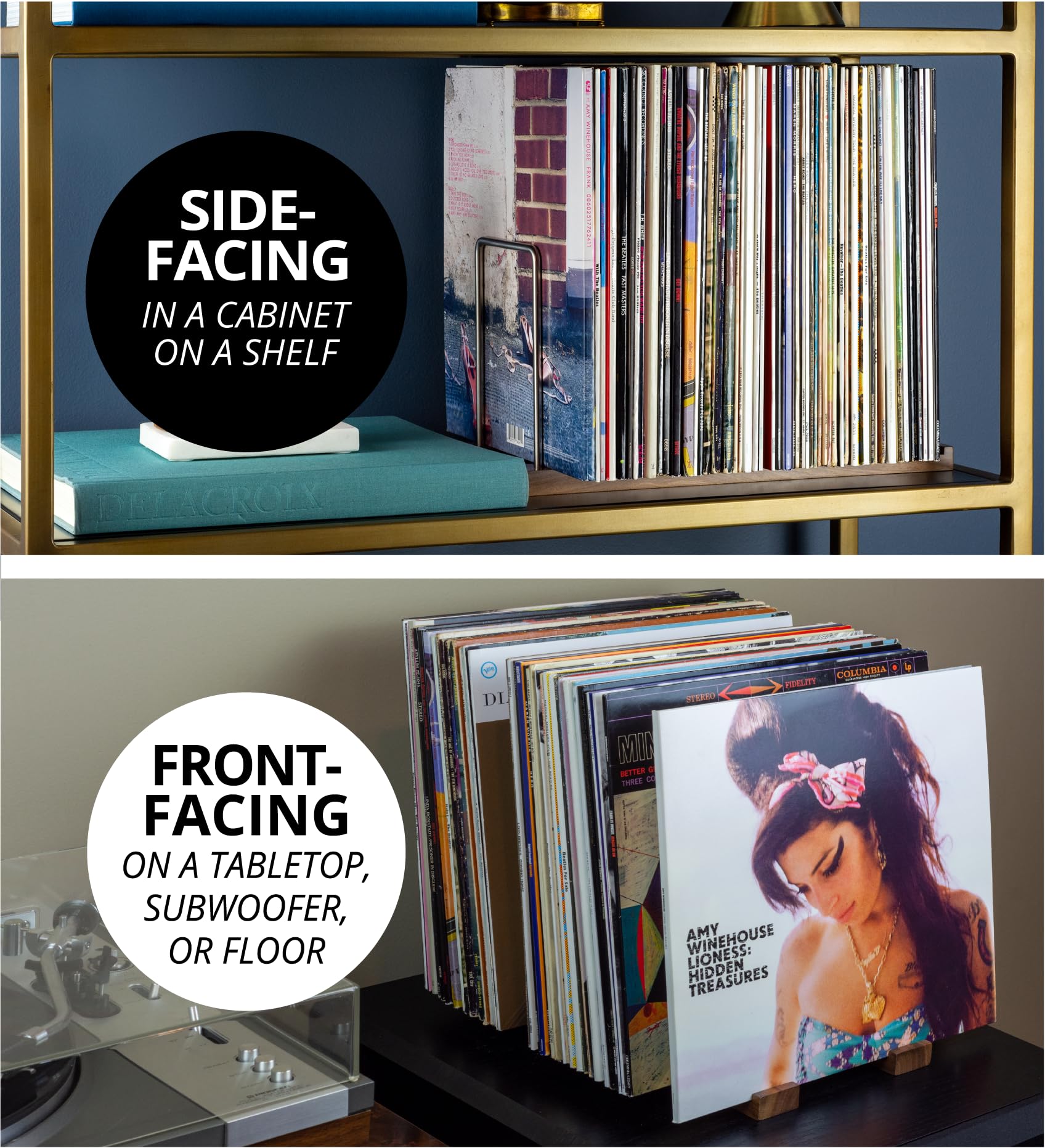 Durable Vinyl Record Storage Holder for 75 LPs, Solid Walnut Vinyl Record Stand with Built-in Now Playing Display, Sleek Vinyl Record Holder & Display for Albums