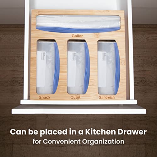Bamboo Ziplock Bag Storage Organizer for Drawer and Wall-Mount; Gallon, Quart, Sandwich and Snack Plastic Bag Organizer; 4 Compartment Kitchen Drawer Organization and Storage for Baggies
