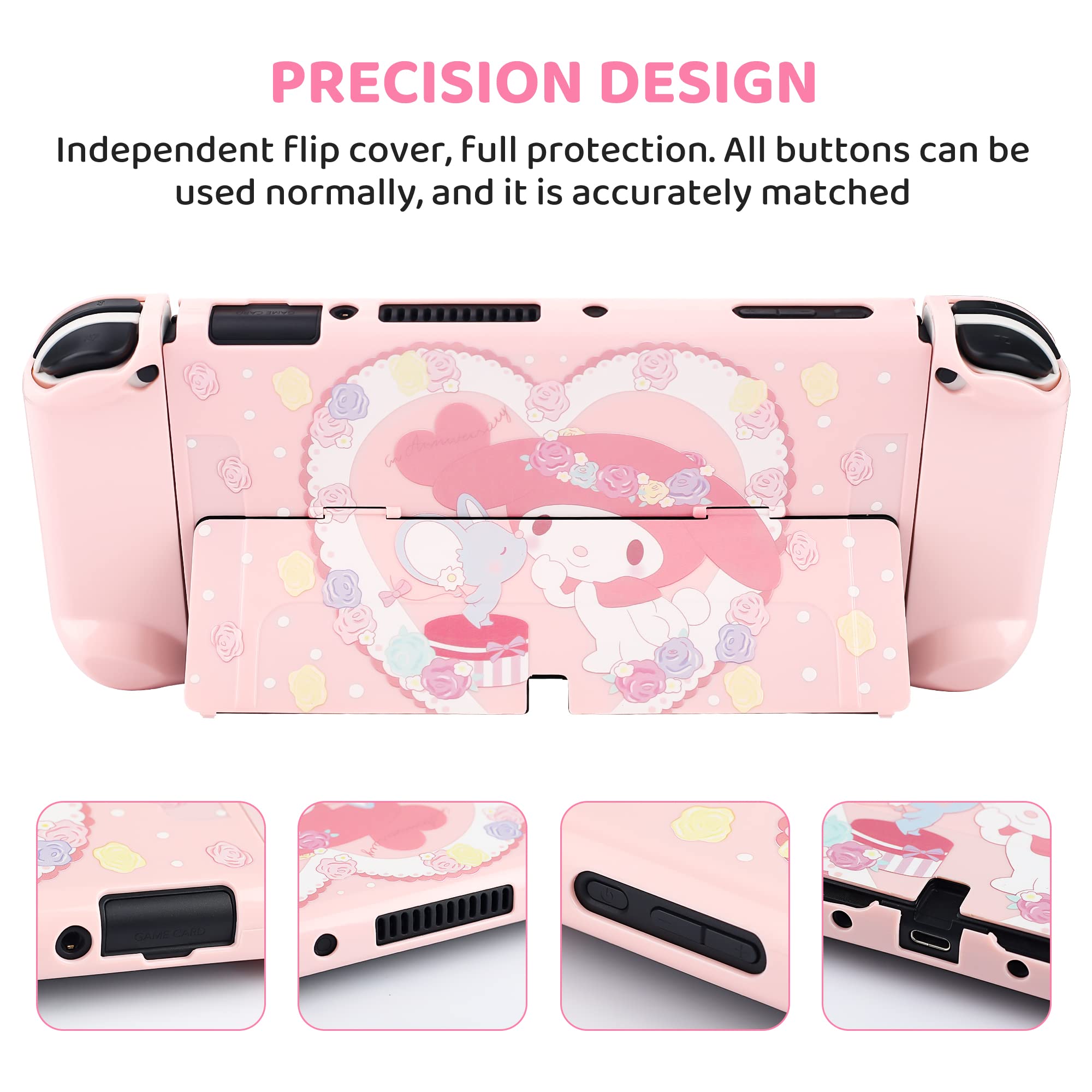 GLDRAM Dockable Protective Case for Nintendo Switch OLED, Cute Anime Rabbit Case Cover Compatible with Switch OLED Console and Joy Con, Hard PC Pink Skin Accessories with Thumb Caps & Screen Protector