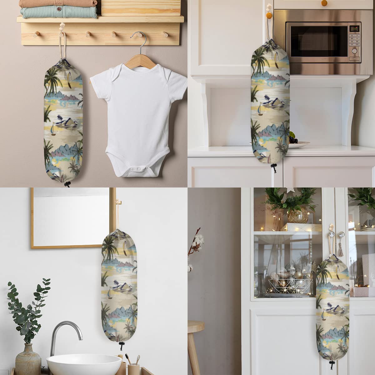 Beach Palm Tree Plastic Bag Holders for Grocery Bags Wall Mount Plastic Bag Organizer Shopping Bags Carrie Home Kitchen Wall Cabinet Decor