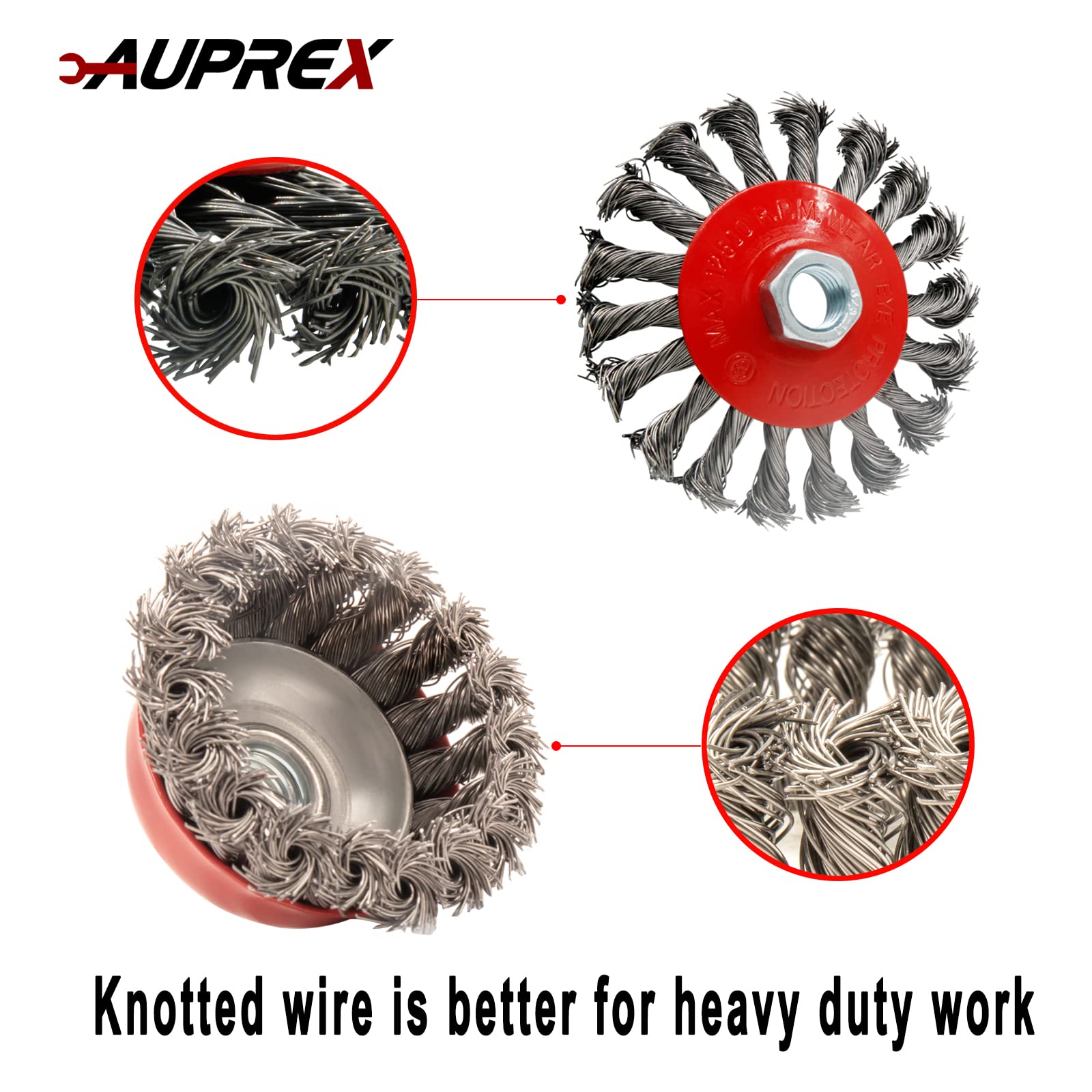 AUPREX 4 Pack Wire Wheel Brush for Angle Grinder, 4 Inch Angle Grinder Wire Wheel Set, 3 Inch Wire Cup Brush for 4 1/2 Angle Grinder, 5/8β-11 Thread Arbor, Twist Knotted Coarse Crimped Wire Brush Set