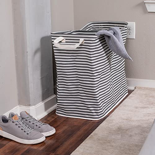BIRDROCK HOME 112L Collapsible Double Laundry Hamper Basket - Grey & White Stripes Sorter Bin - Compact Dirty Clothes Organizer Bag - Divided Section