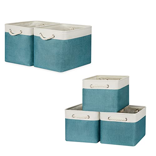 Bidtakay Baskets Set Fabric Storage Bins-Teal Blue Bundled Baskets of 2 Large Baskets 16" X 11.8" X 11.8" + 3 Medium Baskets 15" X 11" X 9.5" for Closet, Shelves